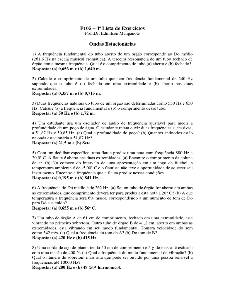 F105 3a Lista-de-Exercícios Ondas-Estacionárias | PDF | Frequência | Flauta