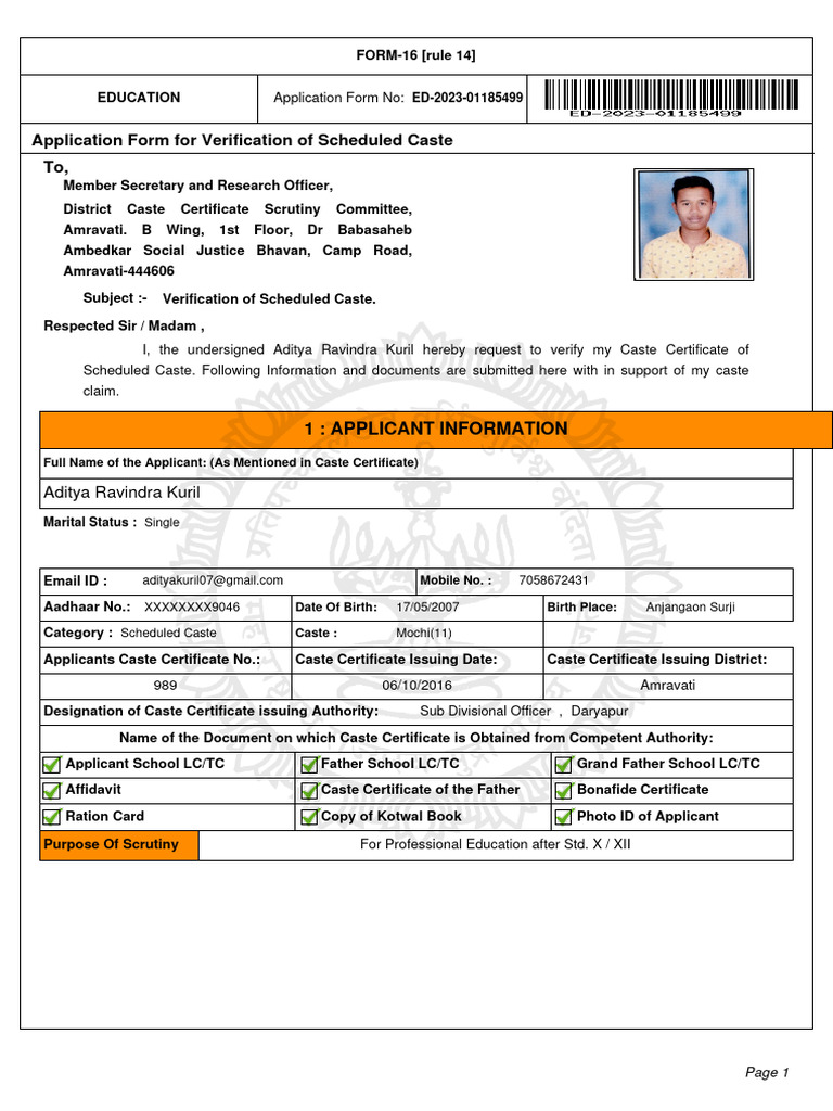 Scheduled Caste Verification Application | PDF | Deed | Civil Law ...