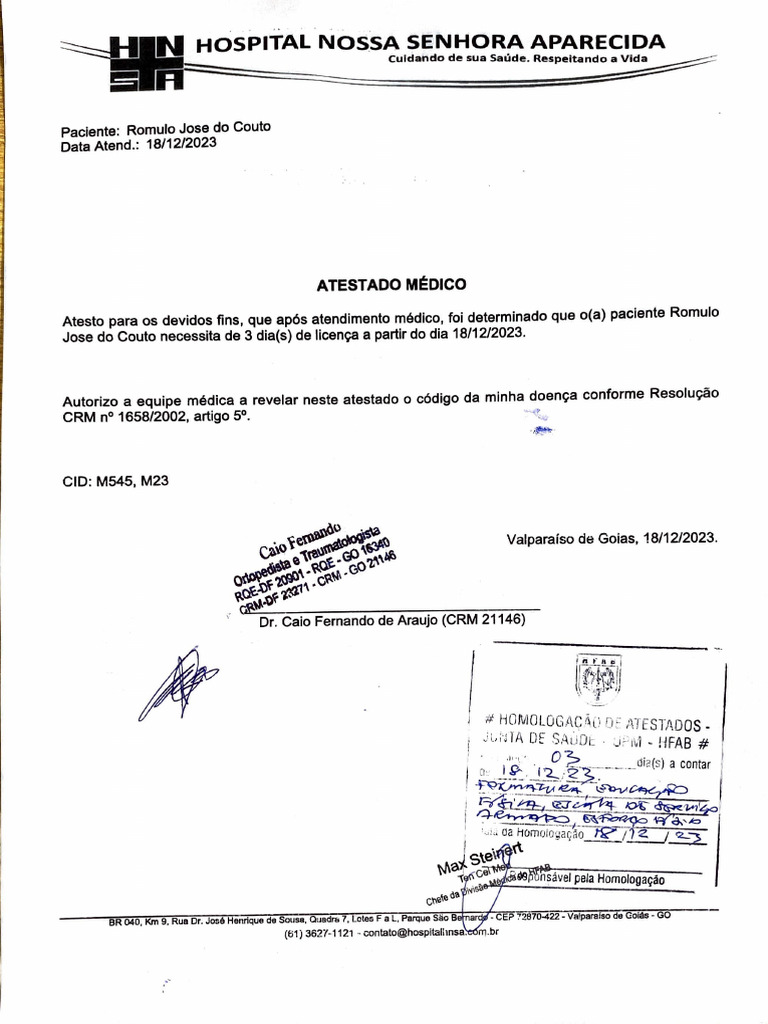 Atestado Médico: CID M545 e M23 | PDF