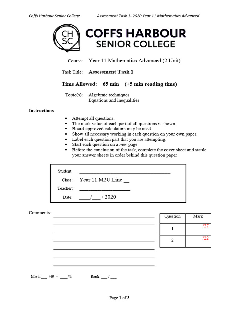 Yr 11 Mathematics Advanced PT1 II 2020pdf | PDF