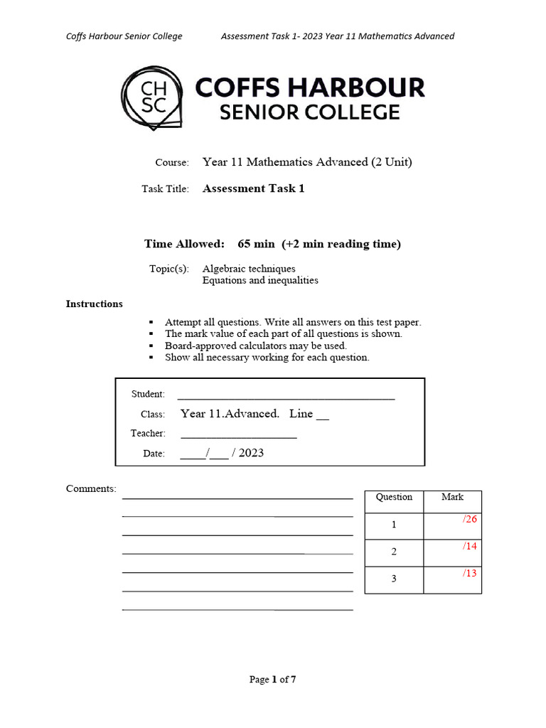 Year 11 Advanced Math Assessment 2023 | PDF | Mathematical Objects ...