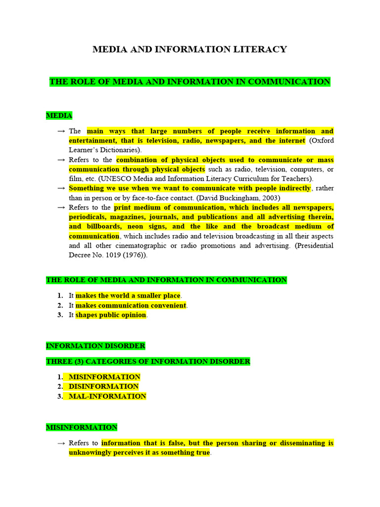 Media and Information Literacy (The Role of Media and Information in Communication) | PDF | Mass ...