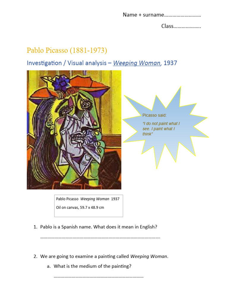 Art Analysis Worksheet | PDF | Paintings | Pablo Picasso