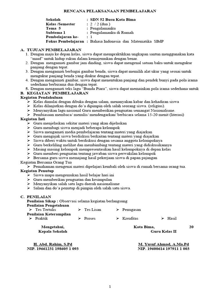 RPP Kelas 2 Tema 5 1 Lembar Yus | PDF