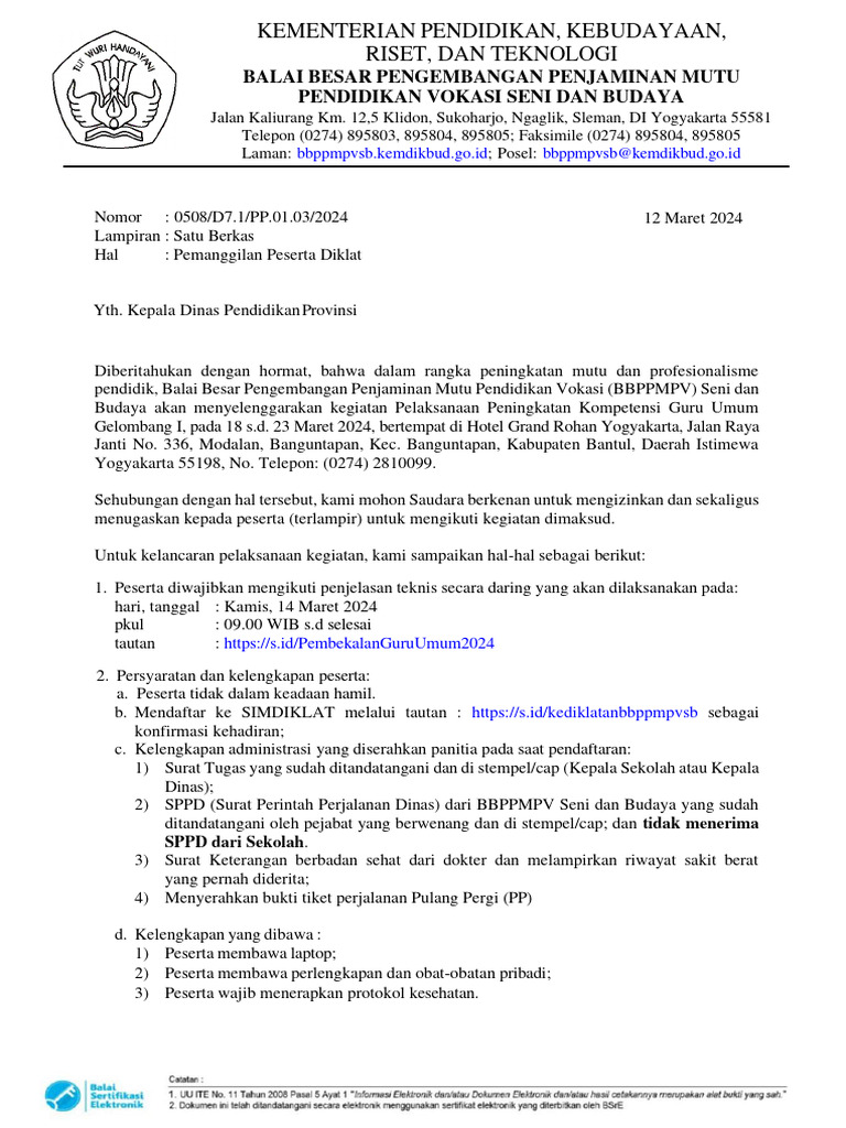 Pemanggilan Diklat Guru Umum Gel 1 - SPPD | PDF