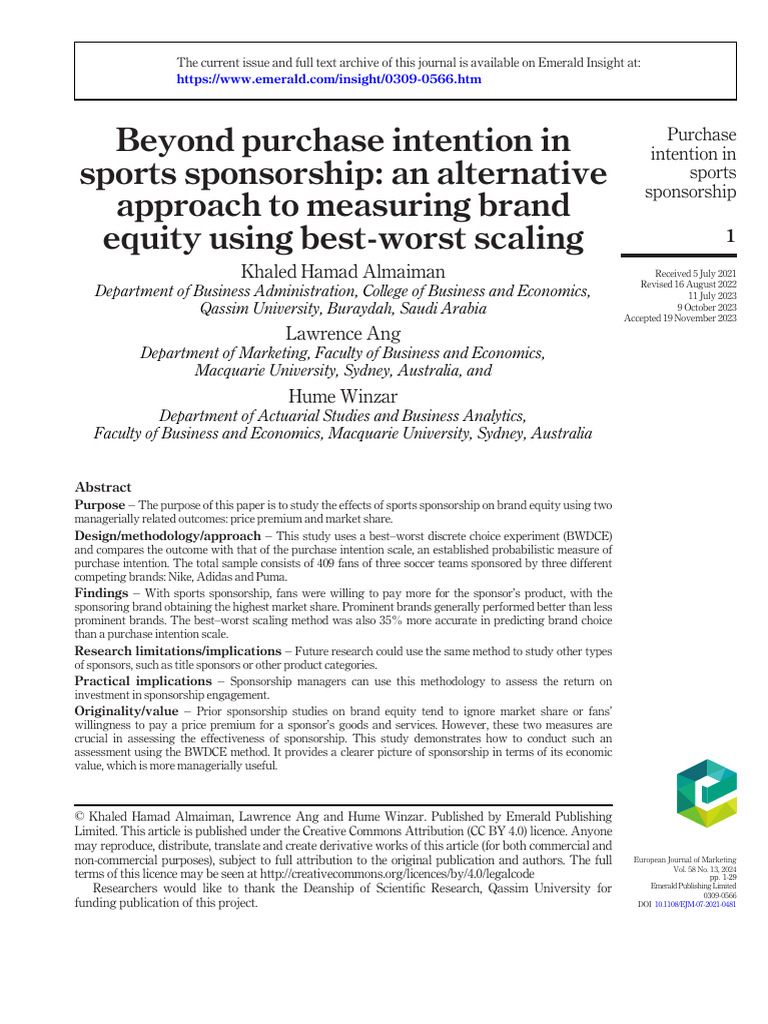 Beyond Purchase Intention in Sports Sponsorship: An Alternative ...