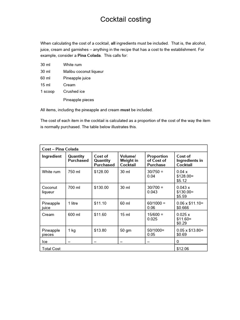 Cocktail Costing 2023-10-18 02 - 46 - 45 | PDF | Drink | Alcoholic Drinks