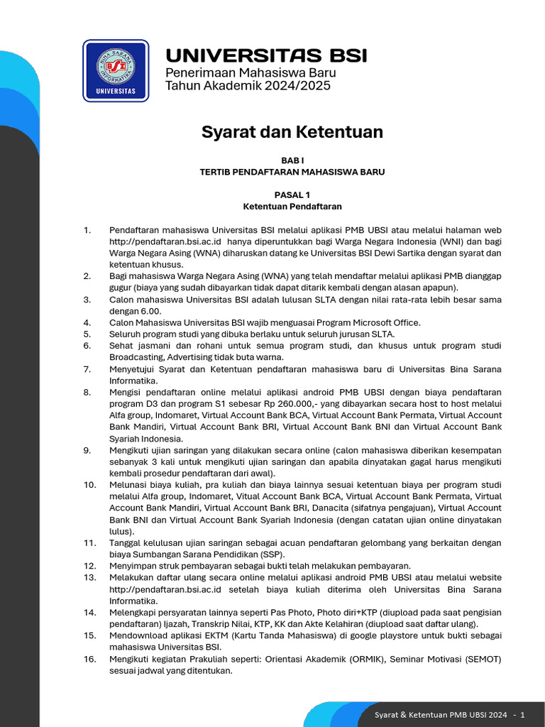 Syarat Ketentuan PMB Ubsi 2024 | PDF