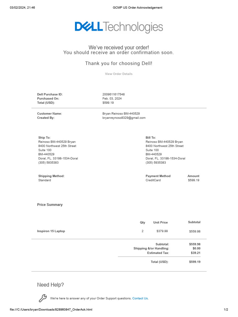 GCMP US Order Acknowledgement | Download Free PDF | Dell | Credit Card