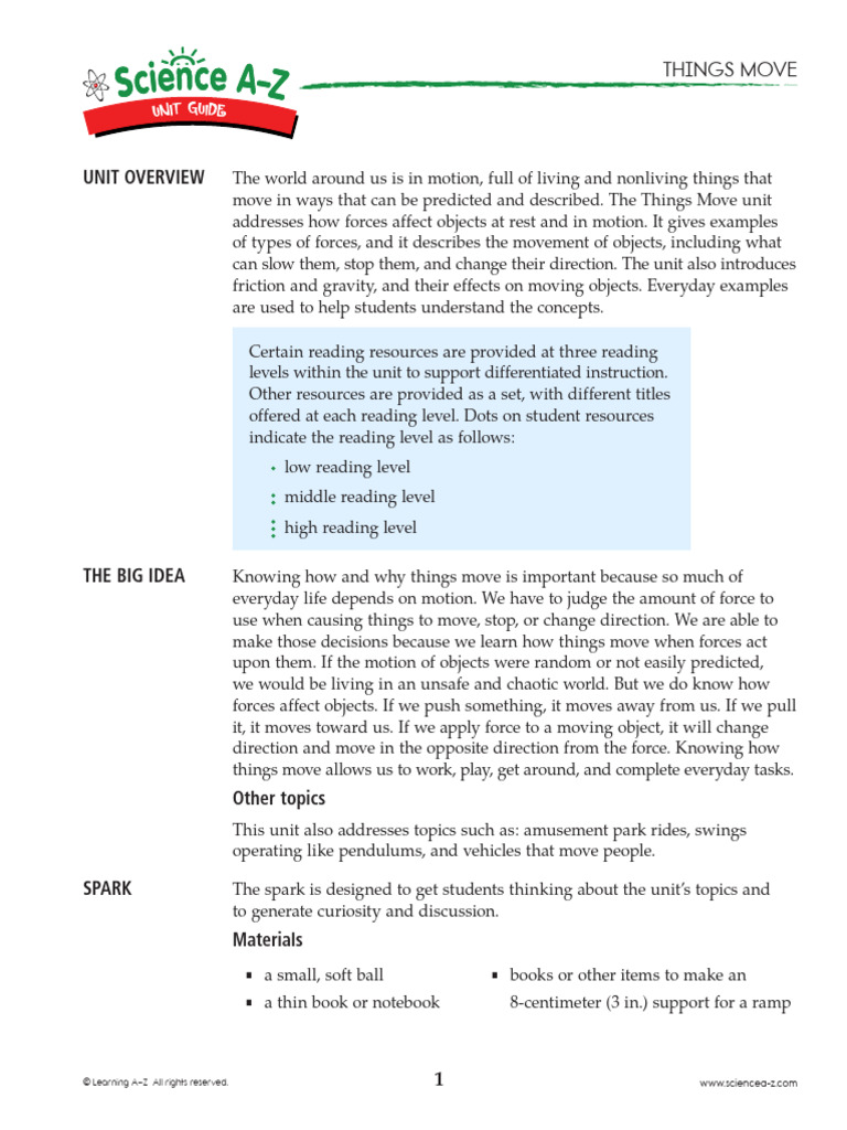 Things Move k-2 Unit Guide | PDF | Force | Weight