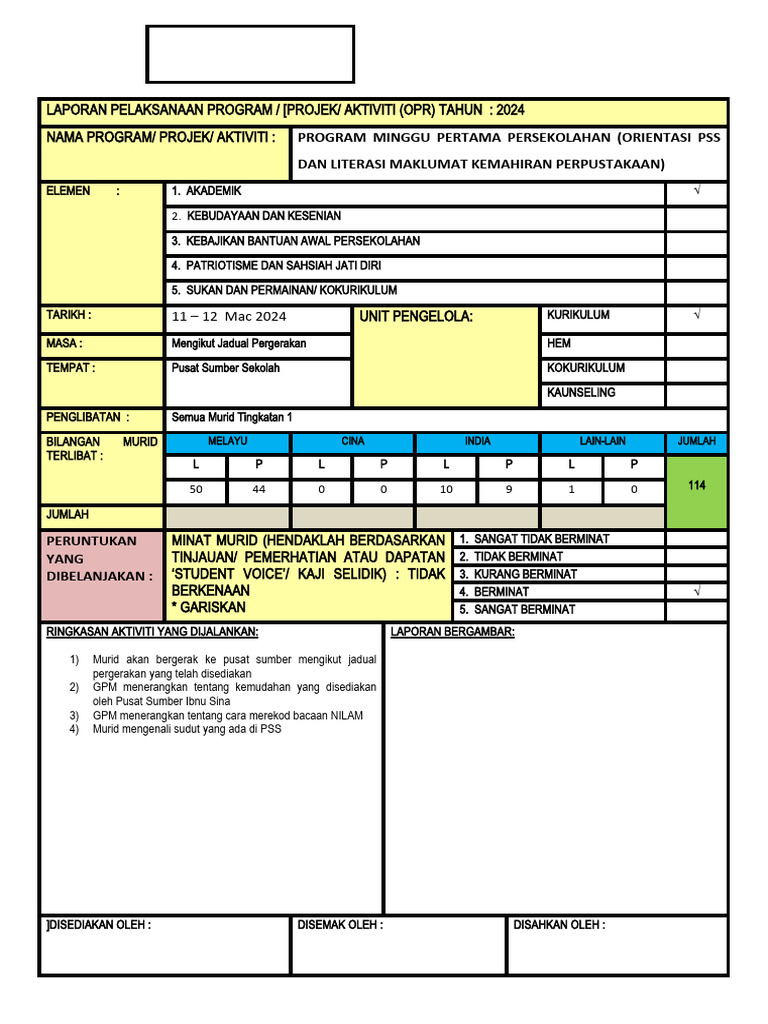 Contoh Laporan Opr Bagi Aktiviti Minggu Pertama Persekolahan 1 | PDF
