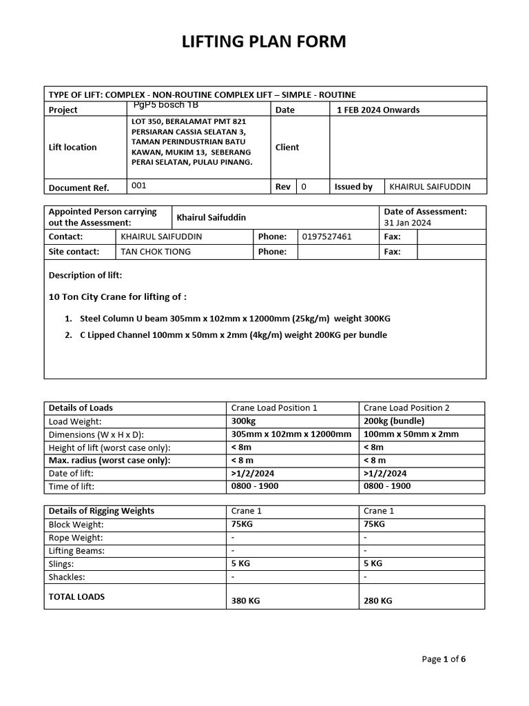 Lifting Plan Kilang Batu Kawan - 022516 | PDF | Crane (Machine ...