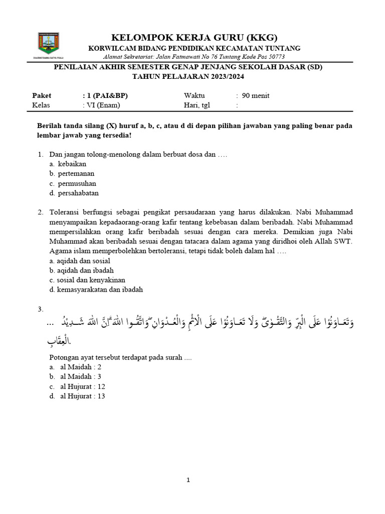 Naskah Soal PSAJ PAI Kelas VI 2024 | PDF