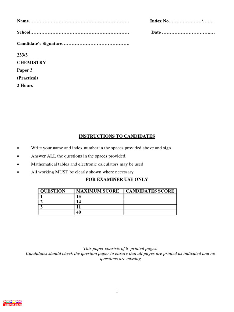 Chemistry Practical Exam 40 Questions | PDF | Titration | Chemistry