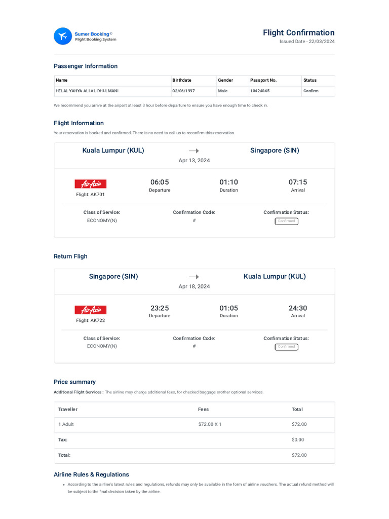 Flight Confirmation Singapore | Download Free PDF | Aviation