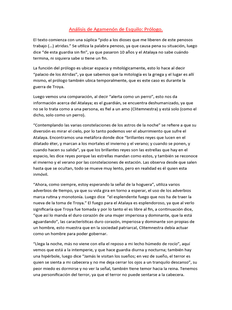 Análisis Del Prólogo de Agamenón de Esquilo | PDF | Clitemnestra | Agamenón