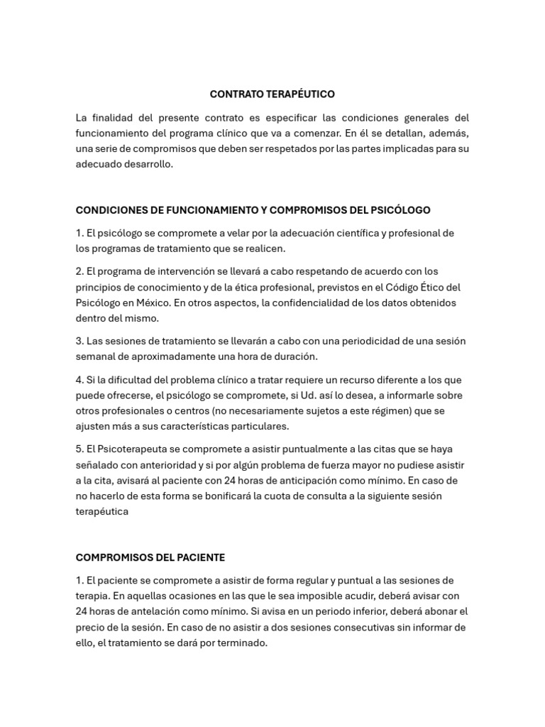 Modelo de Contrato Terapéutico | PDF | Psicoterapia | Terapia