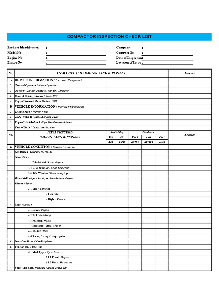 Form Inspeksi Compactor | PDF | Car Body Styles | Automotive Technologies