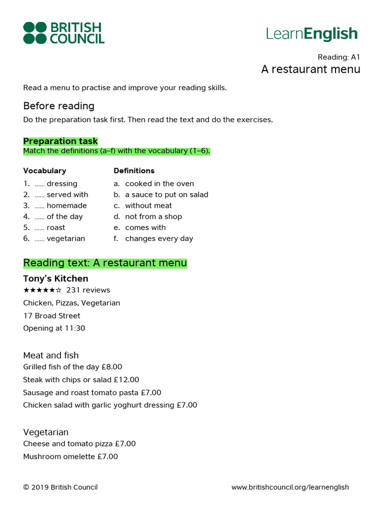 LearnEnglish Reading Restaurant Menu Exercise | PDF | Cooking, Food & Wine
