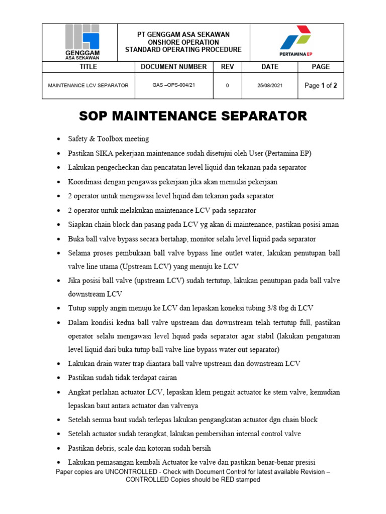Sop Maintenance Separator1 | PDF | Komputer | Teknologi & Rekayasa