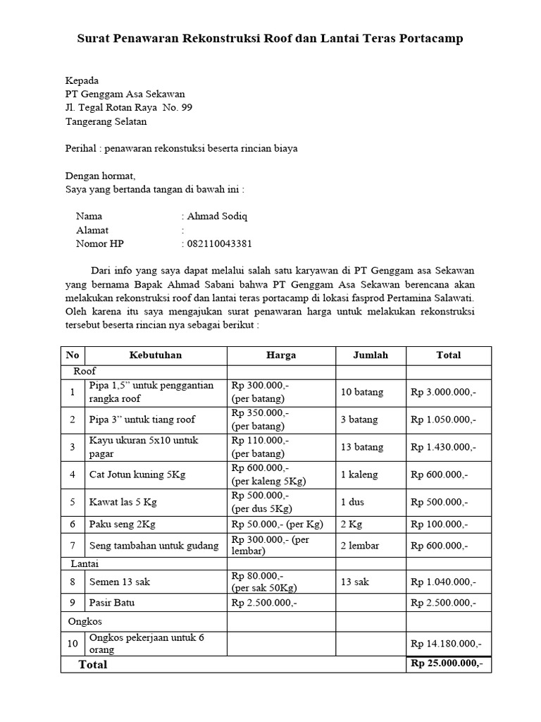 Penawaran Rekonstruksi Portacamp | PDF