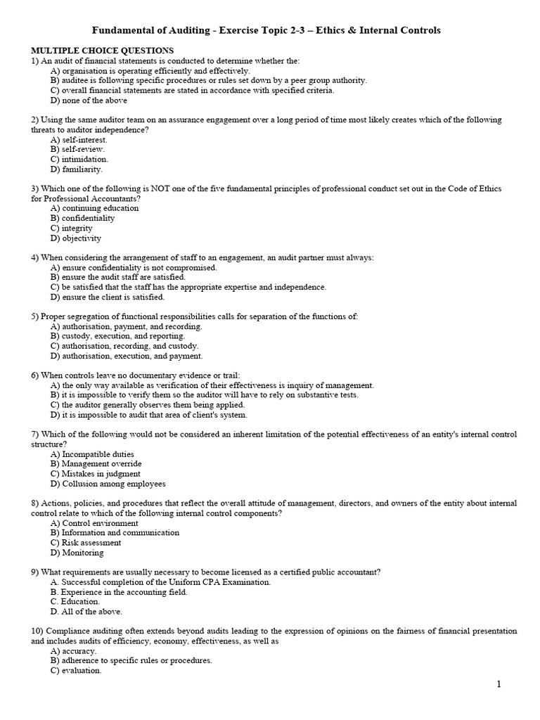 Exercise Topic 3 - Internal Controls - Without Answers | PDF Exercise Topic 3 - Internal Controls - Without Answers | PDF