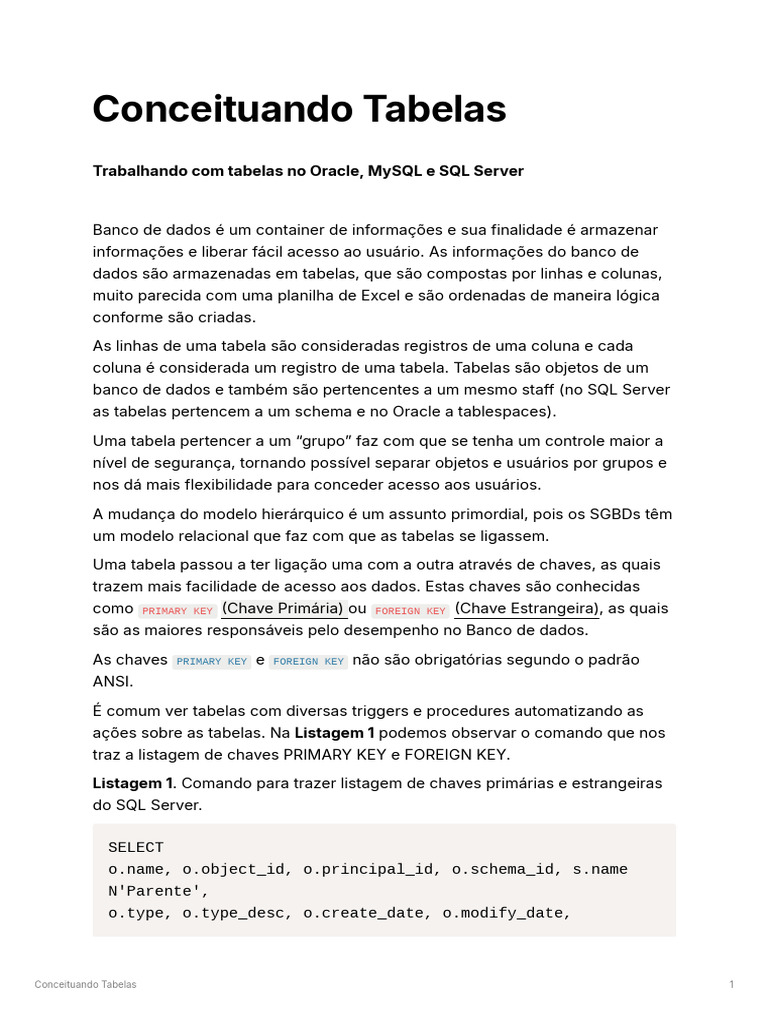 Tabelas e Chaves em Bancos de Dados | PDF | SQL | Bancos de dados