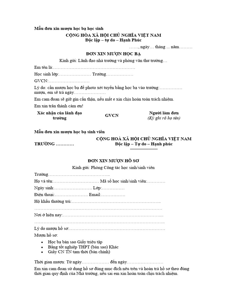 Don Xin Muon Hoc Ba Hoc Sinh Sinh Vien 1 | PDF