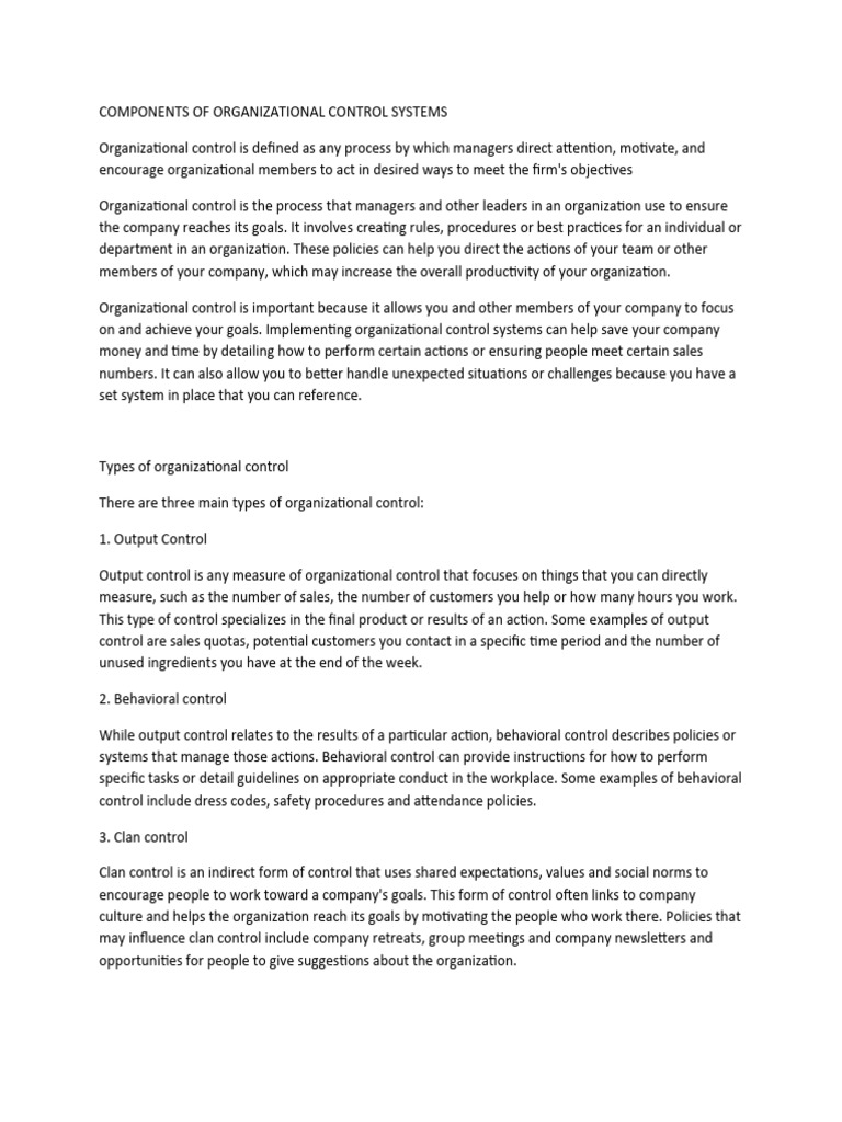 COMPONENTS OF ORGANIZATIONAL CONTROL SYSTEMS | PDF