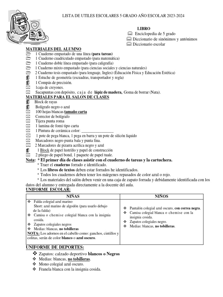 Lista Útiles Escolares 5° Grado | PDF | Cuaderno