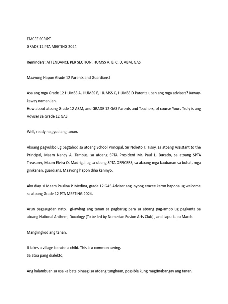 Emcee Script-Pta Meeting | PDF