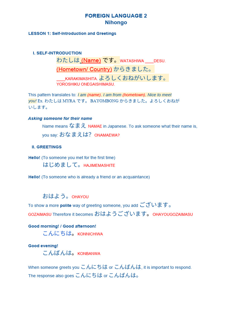 Lesson-1 - Self-Introduction-and-Greetings FL2 | PDF | Languages | Foreign Language Studies