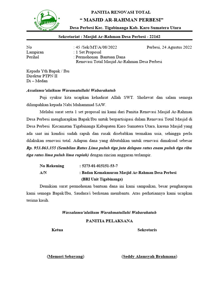 Permohonan Dana Renovasi Masjid Ar-Rahman | PDF | Agama & Spiritualitas