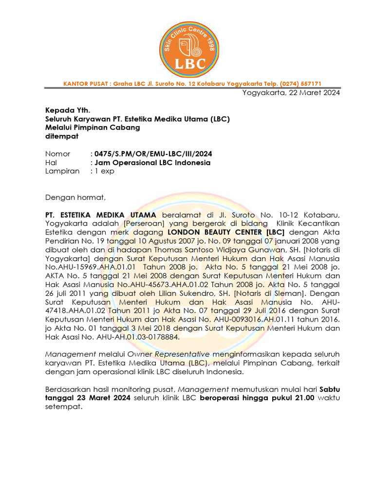 0475 Surat Pemberitahuan Jam Operasional Klinik LBC | PDF