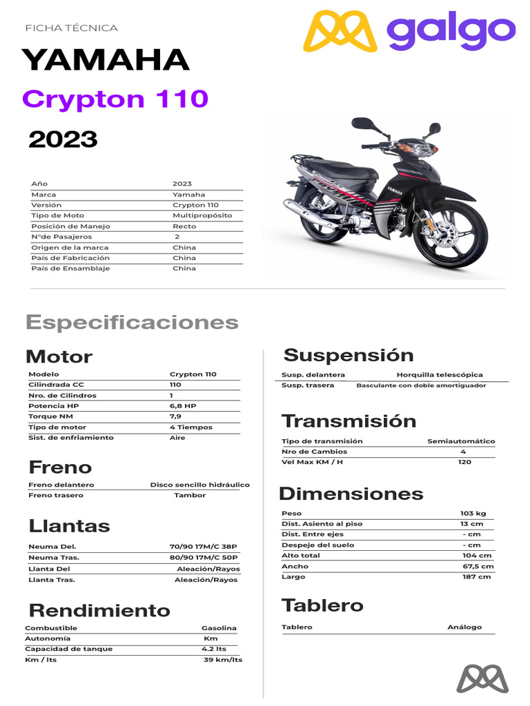 Ficha T Cnica Crypton 110 Galgo | PDF