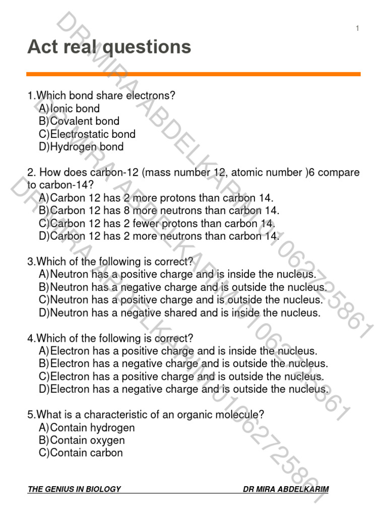 Act Biology Questions | PDF | Chemical Bond | Atomic Nucleus