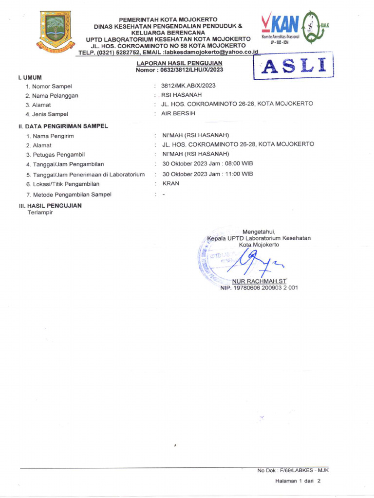 Hasil Lab Air Blkang | PDF