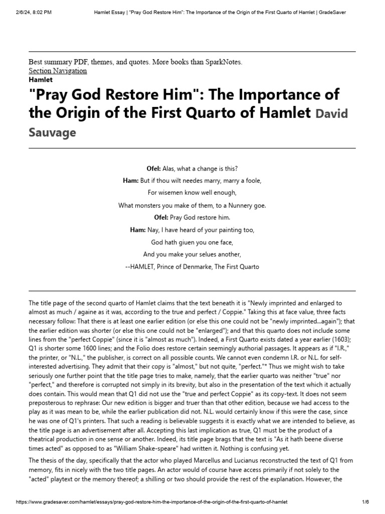 Hamlet Essay - "Pray God Restore Him" - The Importance of The Origin of ...