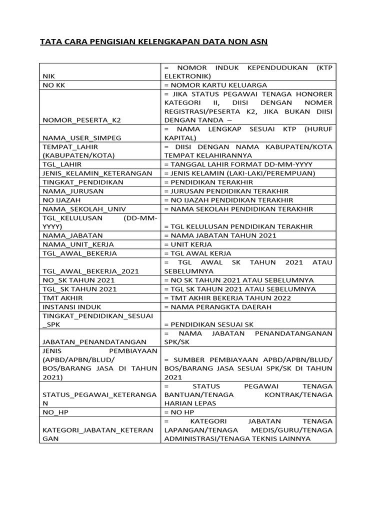 Panduan Lengkap Data Non ASN | PDF