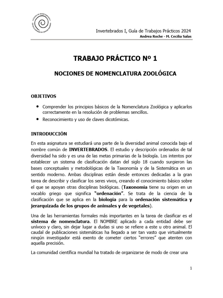 TP 1 Nomenclatura 2024 Invertebrados | PDF | Taxonomía (biología) | Género