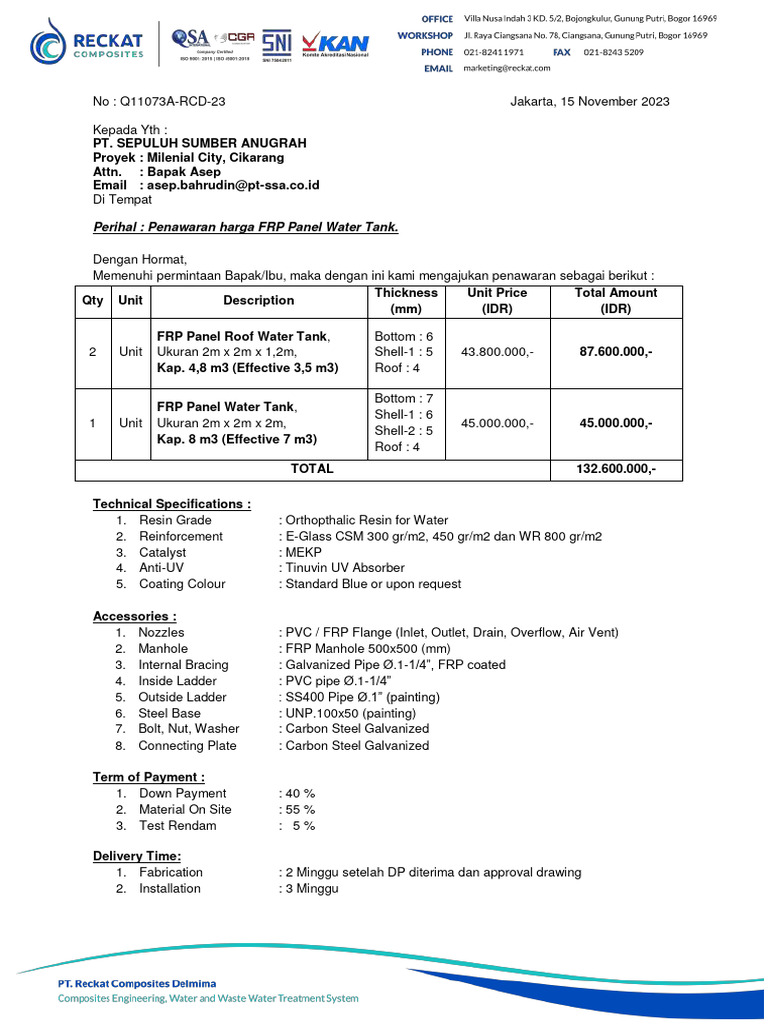 Reckat Composite SPH FRP Panel Water Tank Kap. 4,8 m3 & Kap. 8 m3 | PDF | Teknologi & Rekayasa