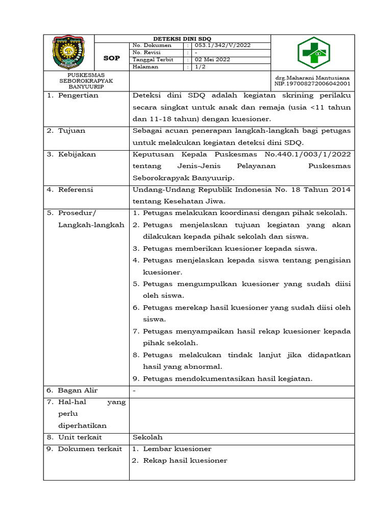 SOP DETEKSI DINI SDQ Fik | PDF | Bisnis
