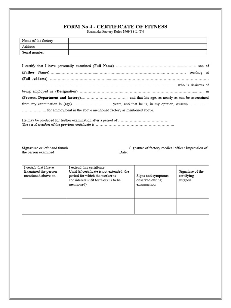 Form - 4 Certificate of Fitness | PDF