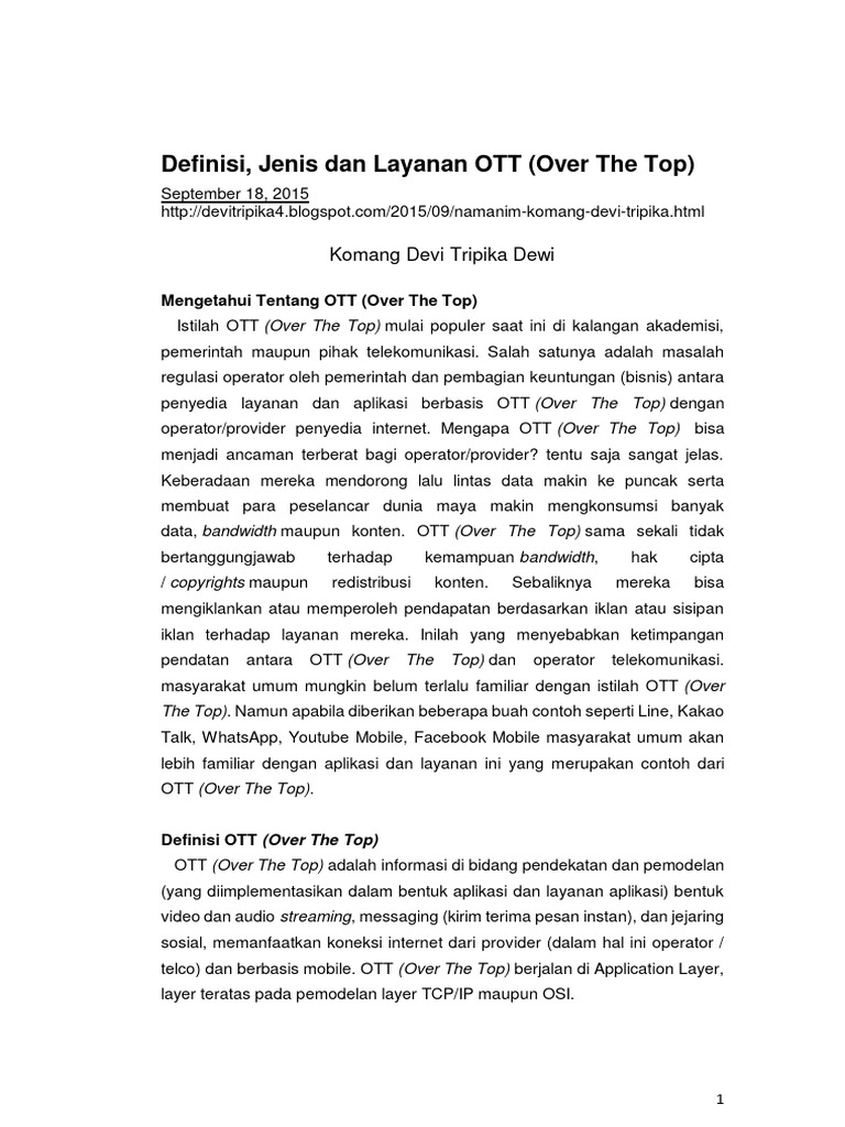 Definisi, Jenis Dan Layanan OTT (Over The Top) - Done | PDF