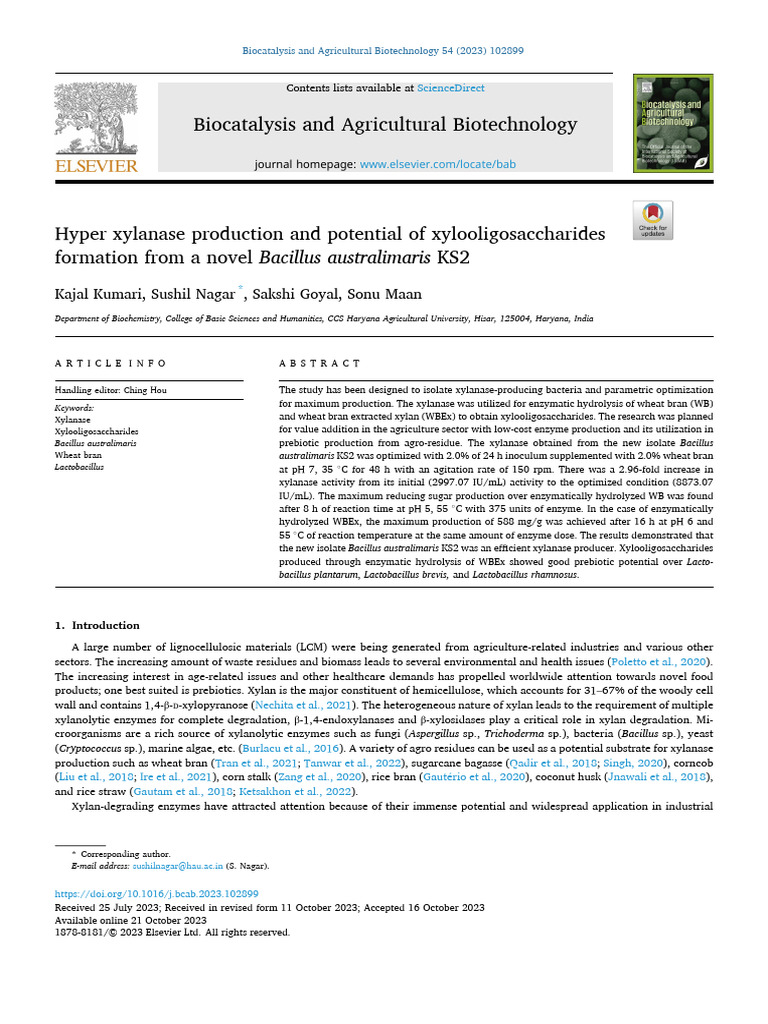 Hyper Xylanase Production and Potential of Xylooligosaccharides Formation From A Novel Bacillus ...