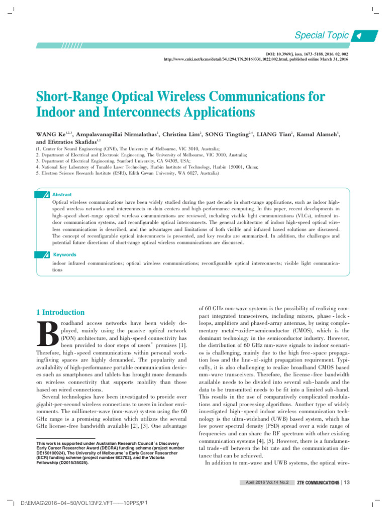 Short Range Optical Wireless Communications For Indoor and Interconnects Applications | PDF ...