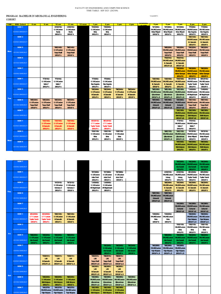 Mechanical Engineering Timetable Sep 2023 | PDF