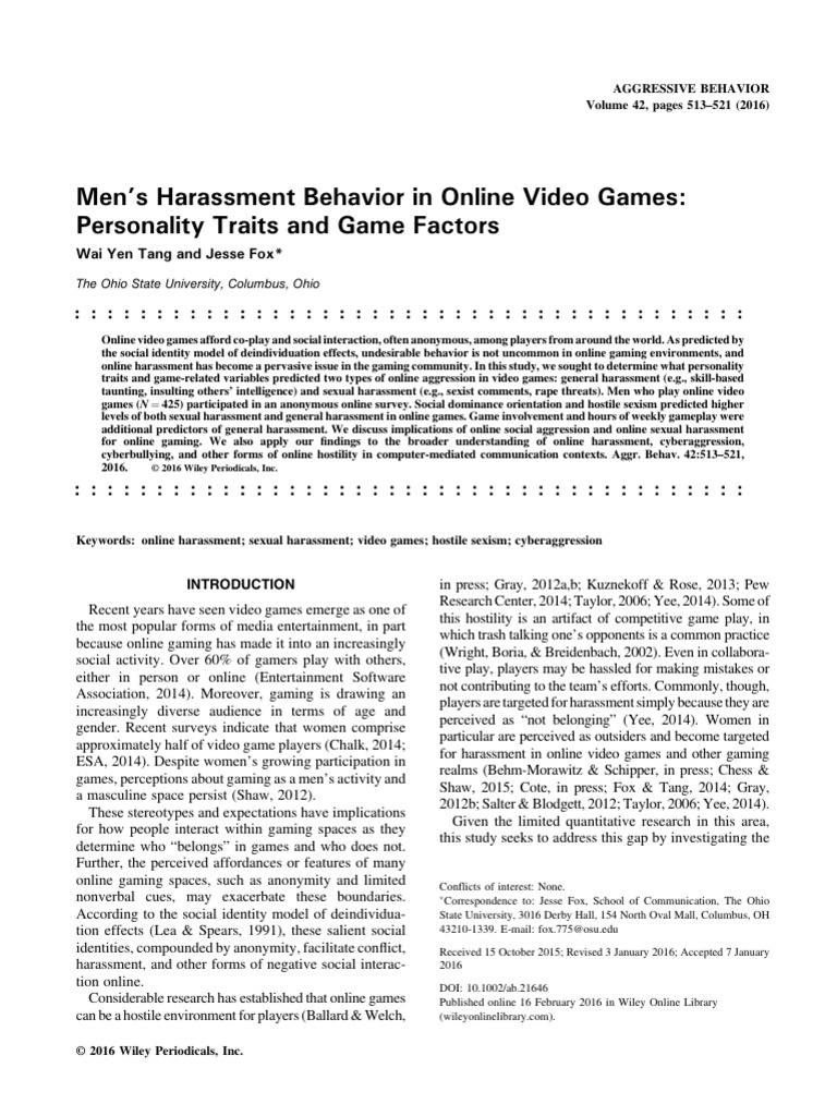 Aggressive Behavior - 2016 - Tang - Men S Harassment Behavior in Online Video Games Personality ...