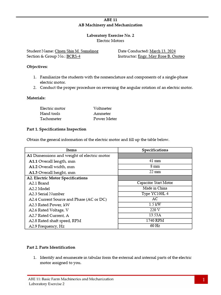 ABE 11 Laboratory Exercise 2 Electric Motors | PDF | Electric Motor | Electrical Equipment