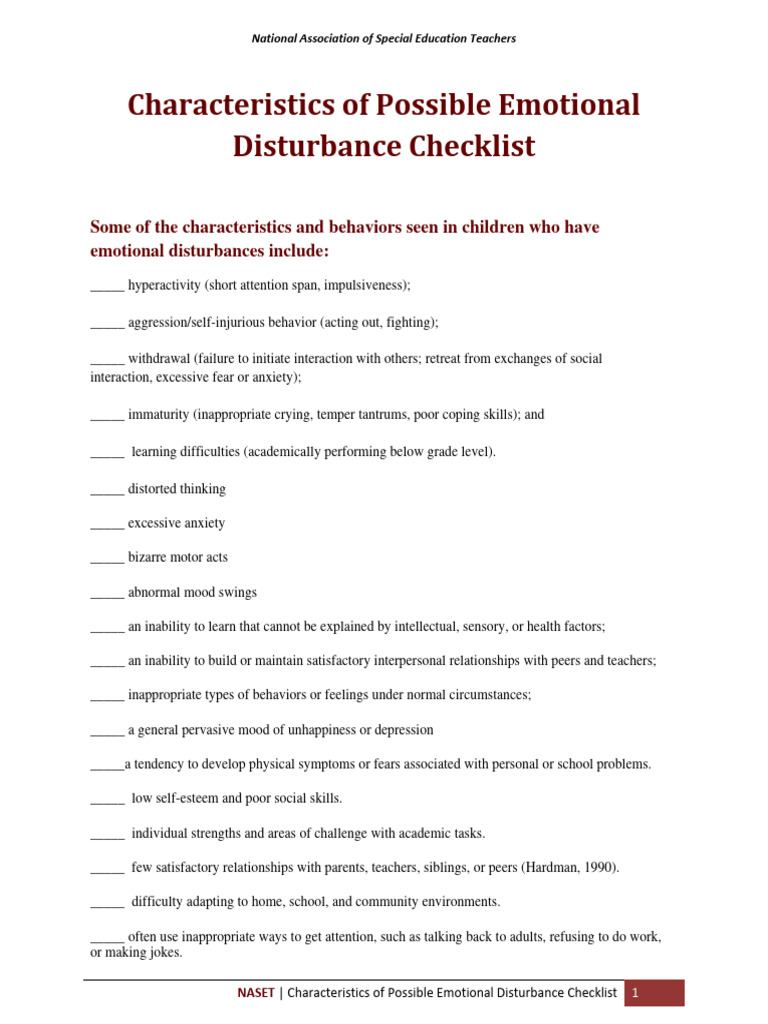 Possible Emotional Disturb CHKLST | PDF | Anxiety | Mental Health